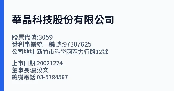 華晶科技股份有限公司 股票代號 3059 統編 97307625 上市公司基本資料圖