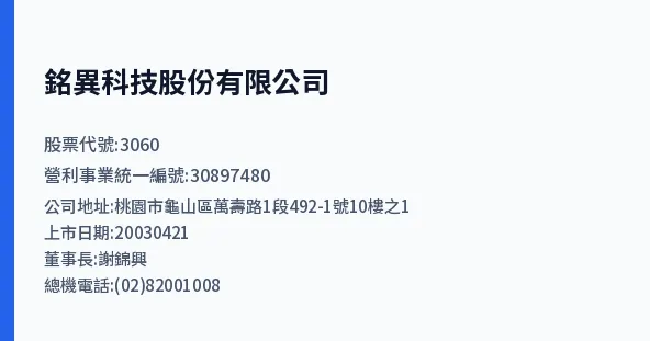 銘異科技股份有限公司 股票代號 3060 統編 30897480 上市公司基本資料圖