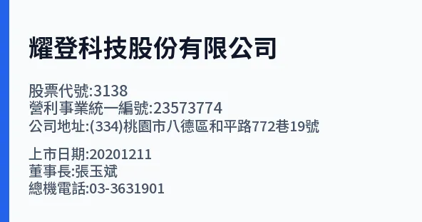 耀登科技股份有限公司 股票代號 3138 統編 23573774 上市公司基本資料圖