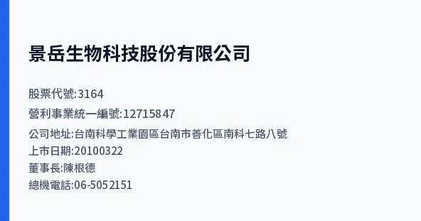 景岳生物科技股份有限公司 股票代號 3164 統編 12715847 上市公司基本資料圖