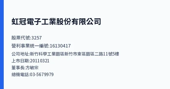 虹冠電子工業股份有限公司 股票代號 3257 統編 16130417 上市公司基本資料圖