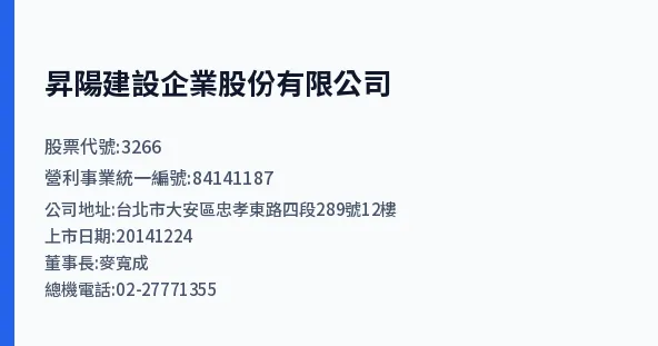 昇陽建設企業股份有限公司 股票代號 3266 統編 84141187 上市公司基本資料圖