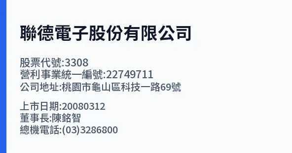 聯德電子股份有限公司 股票代號 3308 統編 22749711 上市公司基本資料圖