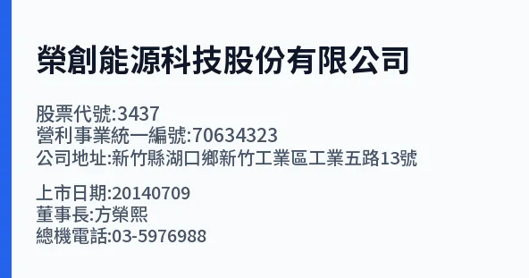 榮創能源科技股份有限公司 股票代號 3437 統編 70634323 上市公司基本資料圖