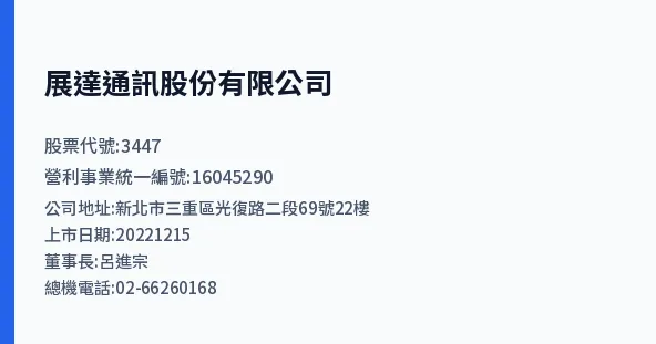 展達通訊股份有限公司 股票代號 3447 統編 16045290 上市公司基本資料圖