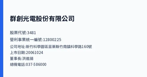 群創光電股份有限公司 股票代號 3481 統編 12800225 上市公司基本資料圖