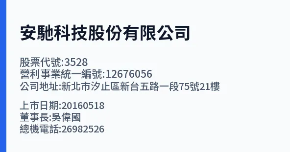 安馳科技股份有限公司 股票代號 3528 統編 12676056 上市公司基本資料圖