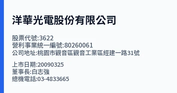 洋華光電股份有限公司 股票代號 3622 統編 80260061 上市公司基本資料圖