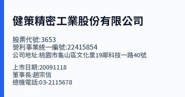 健策精密工業股份有限公司 股票代號 3653 統編 22415854 上市公司基本資料圖