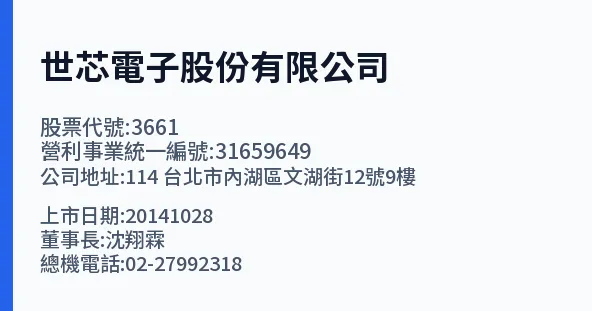 世芯電子股份有限公司 股票代號 3661 統編 31659649 上市公司基本資料圖