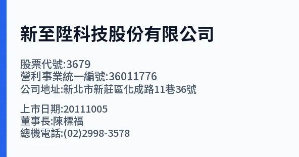 新至陞科技股份有限公司 股票代號 3679 統編 36011776 上市公司基本資料圖