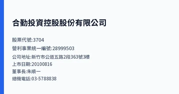合勤投資控股股份有限公司 股票代號 3704 統編 28999503 上市公司基本資料圖