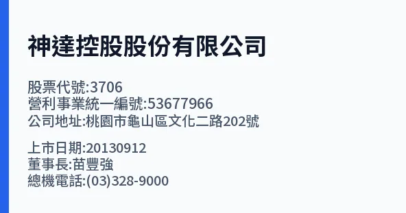 神達控股股份有限公司 股票代號 3706 統編 53677966 上市公司基本資料圖