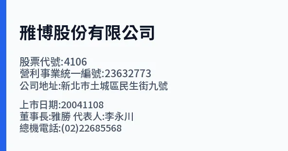 雃博股份有限公司 股票代號 4106 統編 23632773 上市公司基本資料圖