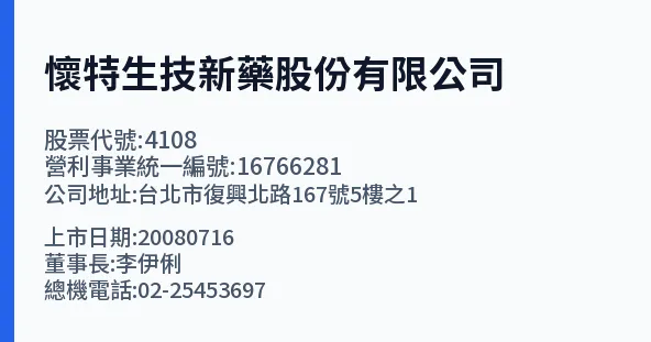 懷特生技新藥股份有限公司 股票代號 4108 統編 16766281 上市公司基本資料圖