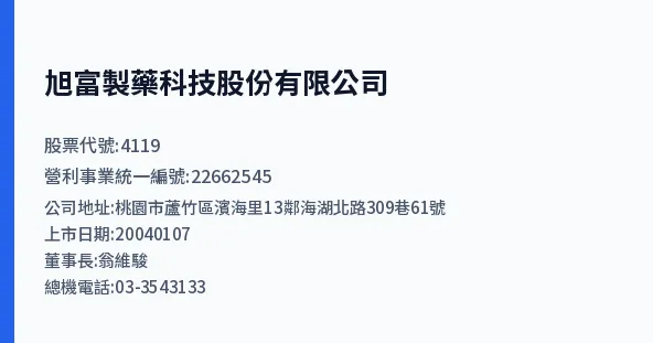 旭富製藥科技股份有限公司 股票代號 4119 統編 22662545 上市公司基本資料圖