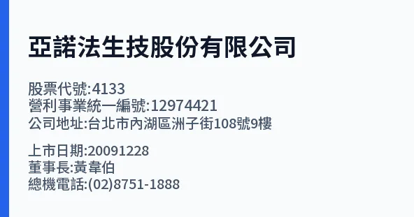 亞諾法生技股份有限公司 股票代號 4133 統編 12974421 上市公司基本資料圖