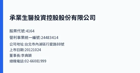 承業生醫投資控股股份有限公司 股票代號 4164 統編 24483414 上市公司基本資料圖
