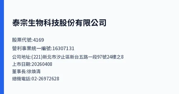泰宗生物科技股份有限公司 股票代號 4169 統編 16307131 上市公司基本資料圖