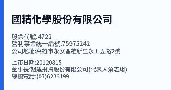 國精化學股份有限公司 股票代號 4722 統編 75975242 上市公司基本資料圖