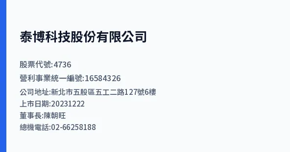 泰博科技股份有限公司 股票代號 4736 統編 16584326 上市公司基本資料圖