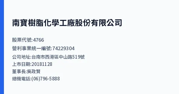 南寶樹脂化學工廠股份有限公司 股票代號 4766 統編 74229304 上市公司基本資料圖
