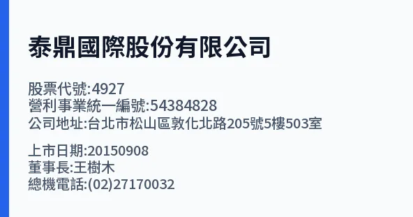 泰鼎國際股份有限公司 股票代號 4927 統編 54384828 上市公司基本資料圖