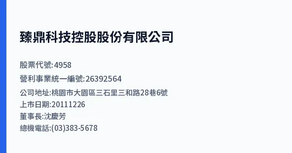 臻鼎科技控股股份有限公司 股票代號 4958 統編 26392564 上市公司基本資料圖
