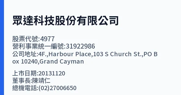 眾達科技股份有限公司 股票代號 4977 統編 31922986 上市公司基本資料圖
