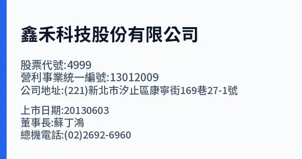 鑫禾科技股份有限公司 股票代號 4999 統編 13012009 上市公司基本資料圖