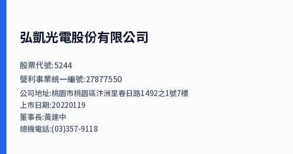 弘凱光電股份有限公司 股票代號 5244 統編 27877550 上市公司基本資料圖