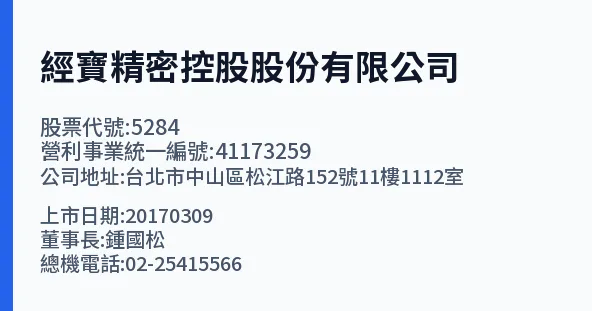經寶精密控股股份有限公司 股票代號 5284 統編 41173259 上市公司基本資料圖