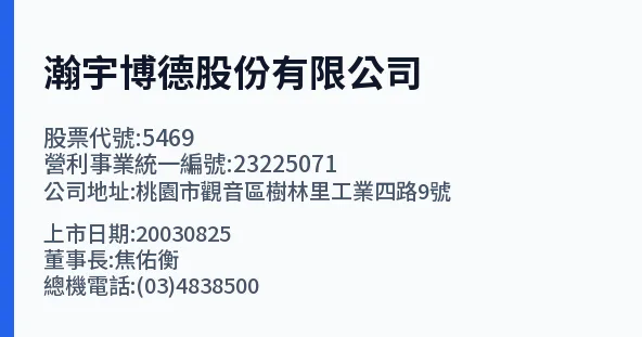 瀚宇博德股份有限公司 股票代號 5469 統編 23225071 上市公司基本資料圖