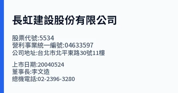長虹建設股份有限公司 股票代號 5534 統編 04633597 上市公司基本資料圖