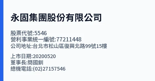 永固集團股份有限公司 股票代號 5546 統編 77211448 上市公司基本資料圖