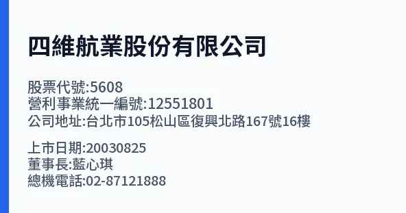 四維航業股份有限公司 股票代號 5608 統編 12551801 上市公司基本資料圖