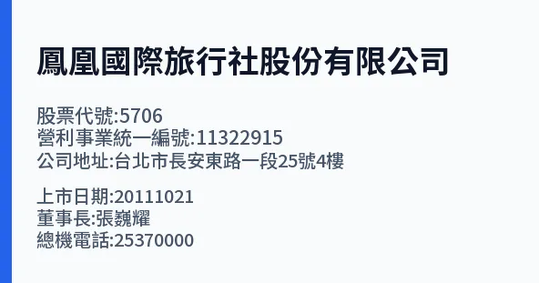 鳳凰國際旅行社股份有限公司 股票代號 5706 統編 11322915 上市公司基本資料圖