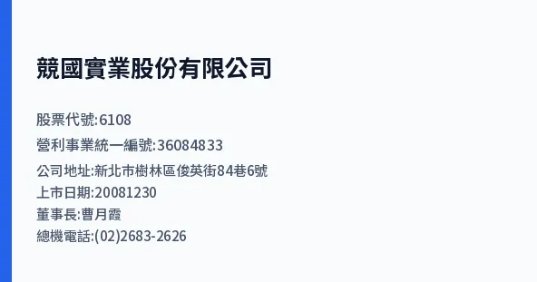 競國實業股份有限公司 股票代號 6108 統編 36084833 上市公司基本資料圖