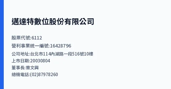 邁達特數位股份有限公司 股票代號 6112 統編 16428796 上市公司基本資料圖