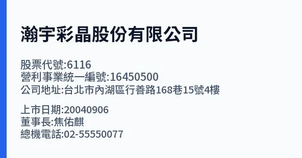 瀚宇彩晶股份有限公司 股票代號 6116 統編 16450500 上市公司基本資料圖