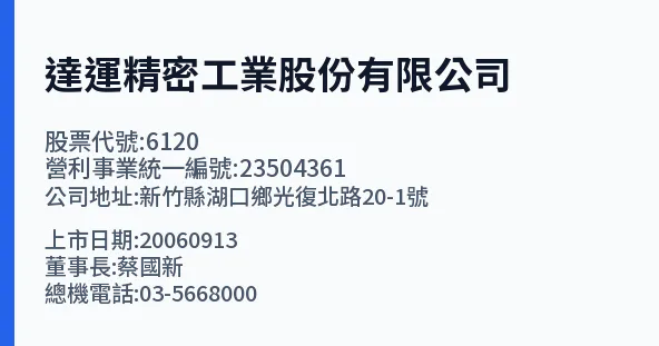 達運精密工業股份有限公司 股票代號 6120 統編 23504361 上市公司基本資料圖