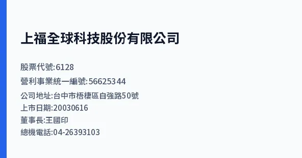 上福全球科技股份有限公司 股票代號 6128 統編 56625344 上市公司基本資料圖