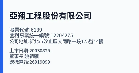 亞翔工程股份有限公司 股票代號 6139 統編 12204275 上市公司基本資料圖