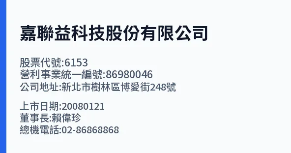 嘉聯益科技股份有限公司 股票代號 6153 統編 86980046 上市公司基本資料圖