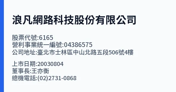 浪凡網路科技股份有限公司 股票代號 6165 統編 04386575 上市公司基本資料圖