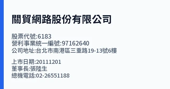 關貿網路股份有限公司 股票代號 6183 統編 97162640 上市公司基本資料圖