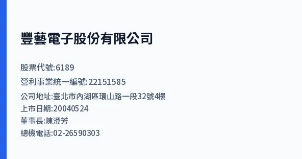 豐藝電子股份有限公司 股票代號 6189 統編 22151585 上市公司基本資料圖