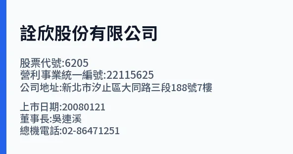 詮欣股份有限公司 股票代號 6205 統編 22115625 上市公司基本資料圖