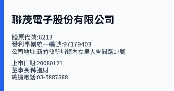 聯茂電子股份有限公司 股票代號 6213 統編 97179403 上市公司基本資料圖