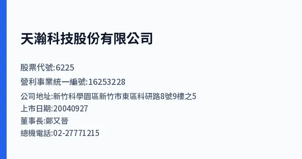 天瀚科技股份有限公司 股票代號 6225 統編 16253228 上市公司基本資料圖